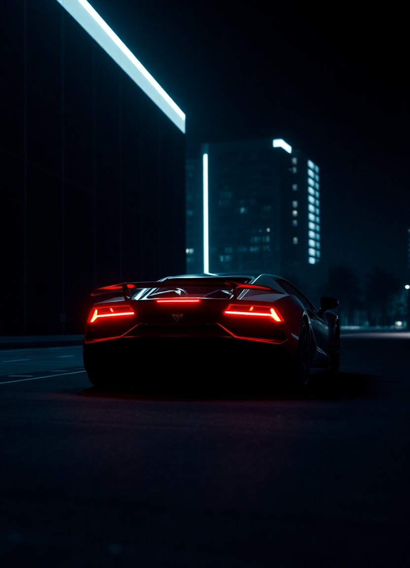 Lamborghini Cars At Night With Red Lights And Light Up Building In The ...