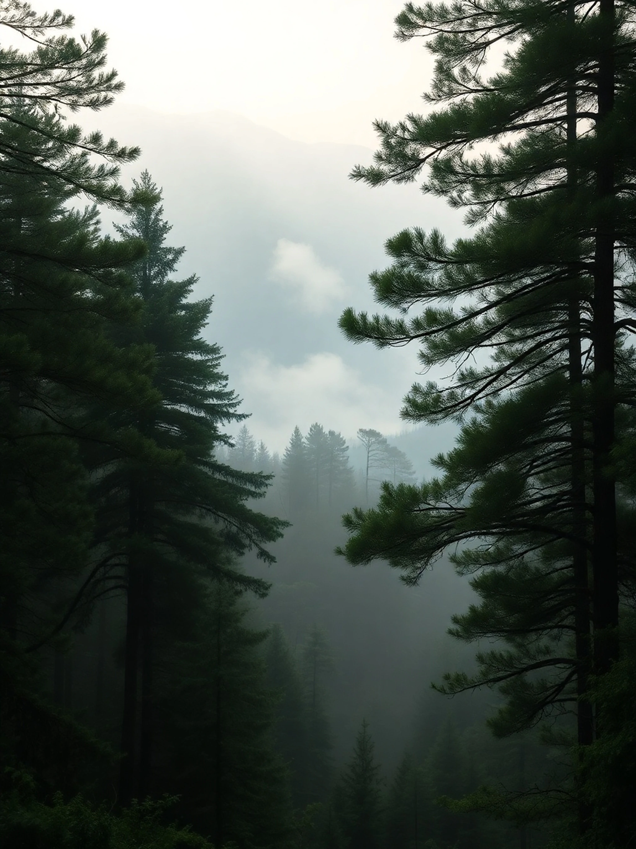 Misty Forest Landscape. Greens Grays Dominate. Dense Trees Foreground ...