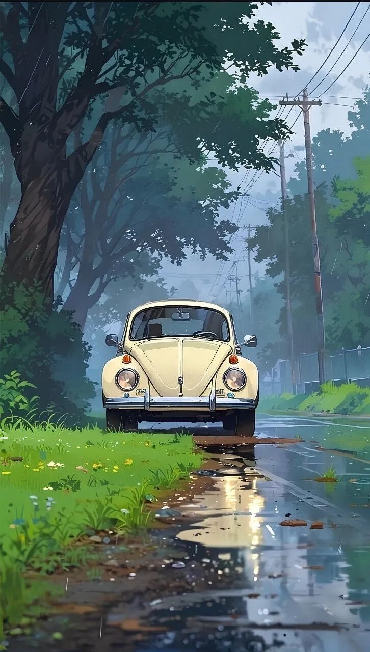 Cute Volkswagen Beetle Raining Cozy Anime Style Artwork Digital Best ...