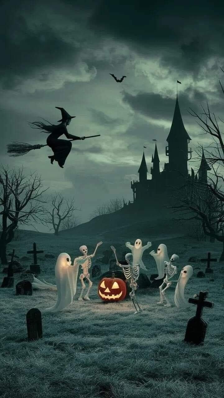 Dark Mode Witches And Skeletons And Ghosts Castle Best Halloween Fall Seasonal Autumn 2025 ...