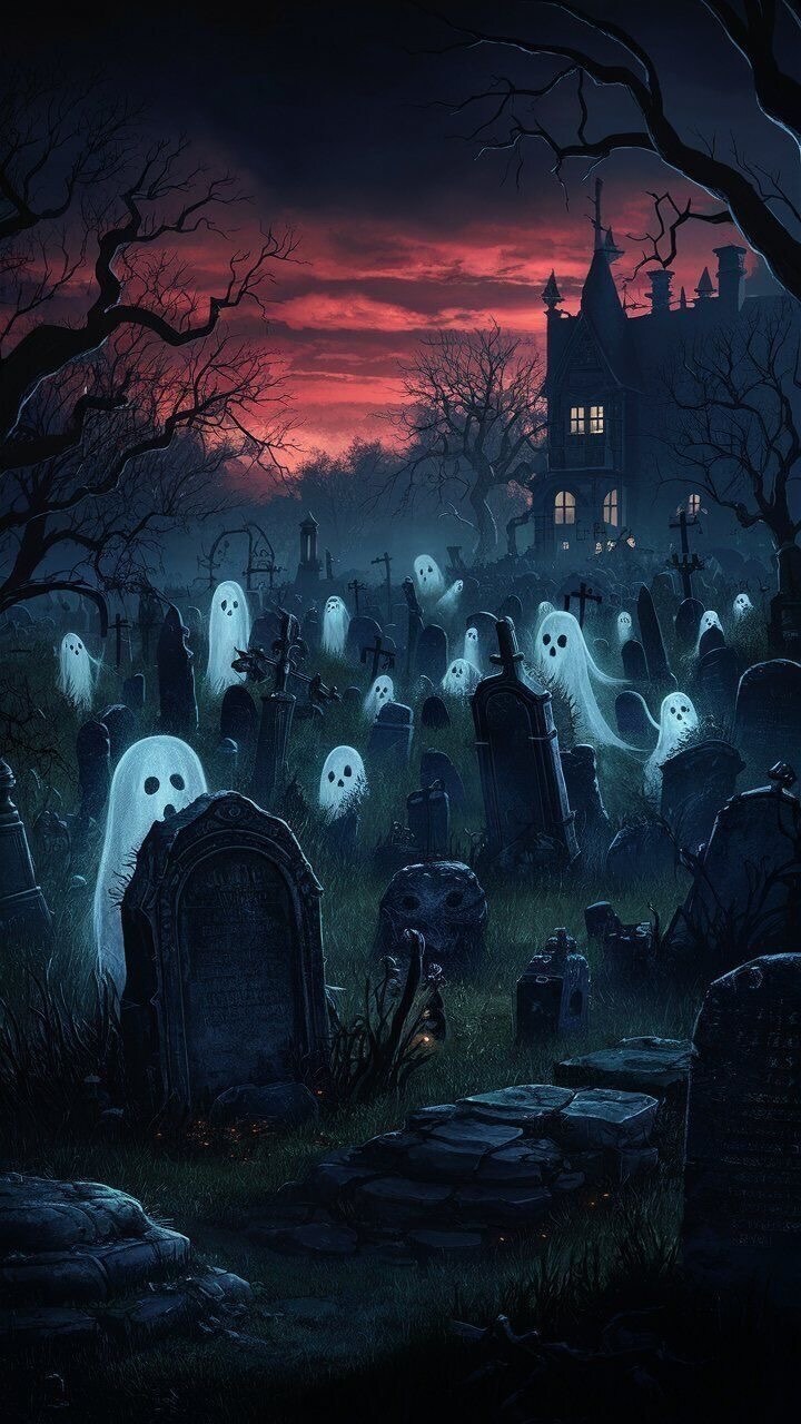 Ghosts In The Cemetery Burial Grounds Artwork Best Halloween Fall Seasonal Autumn 2025 ...