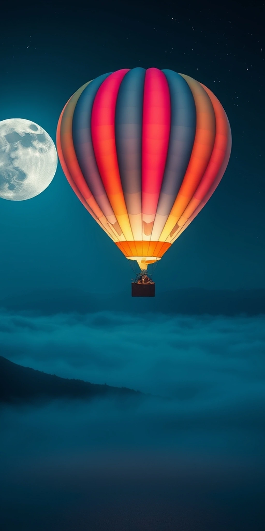 Colorful, Fully Illuminated Hot Air Balloon Flies Misty, Dark Ocean ...