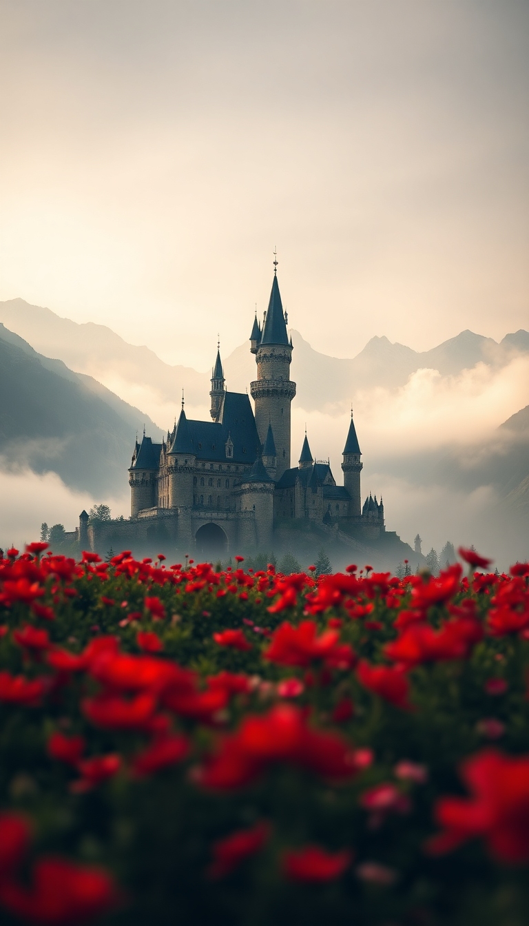 A Dark Castle With A Field Of Red Flowers, Surrounded By Mountain Mist ...