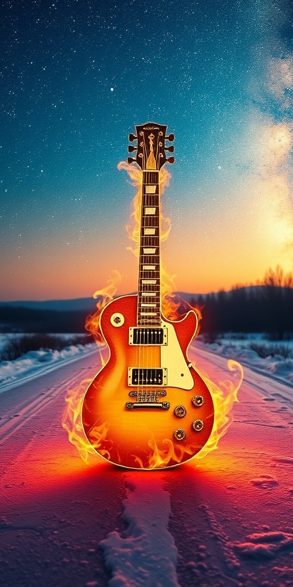 A Fiery Gold Guitar On An Ice Paved Road In A Starry Universe — Free ...