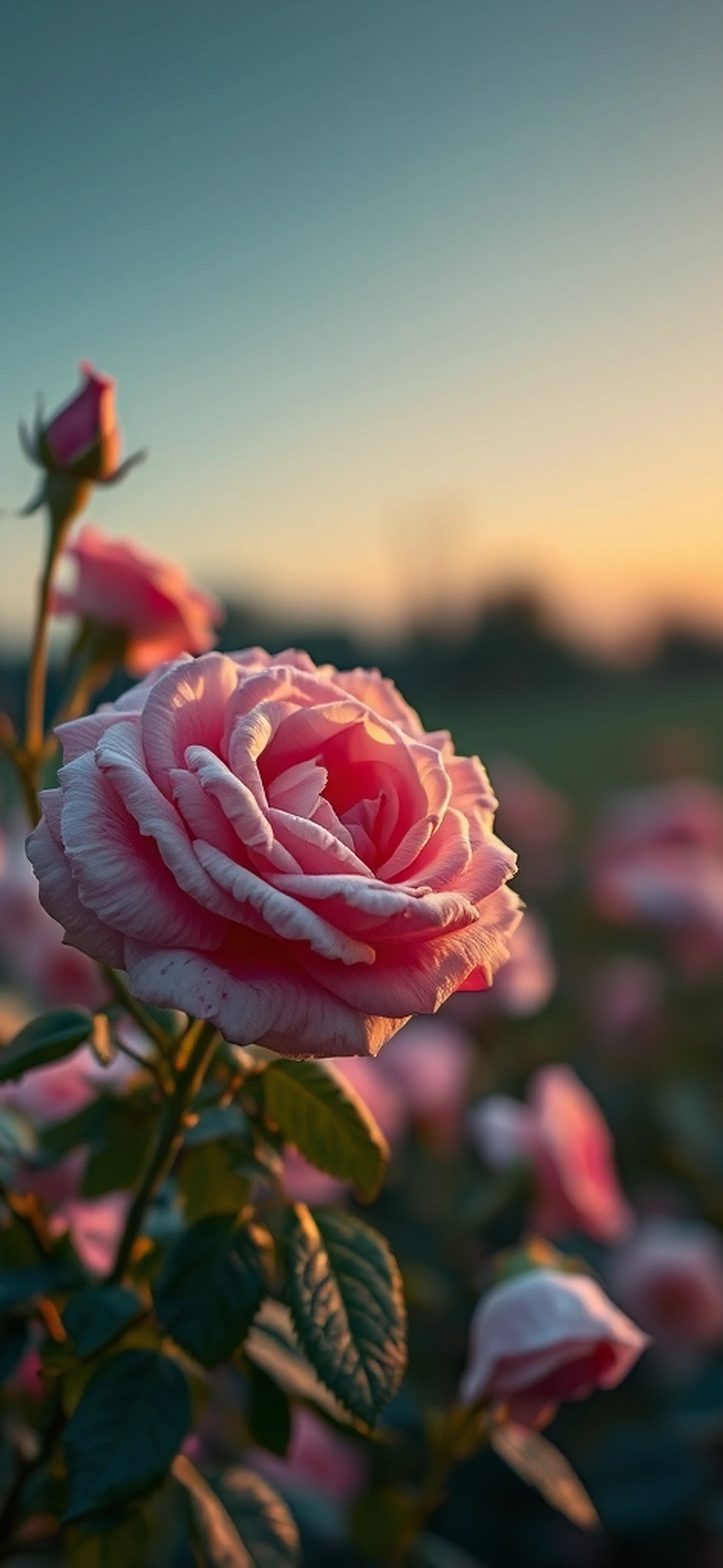 Antique French Rose Flowers Garden In The Evening, Just At Dusk With ...