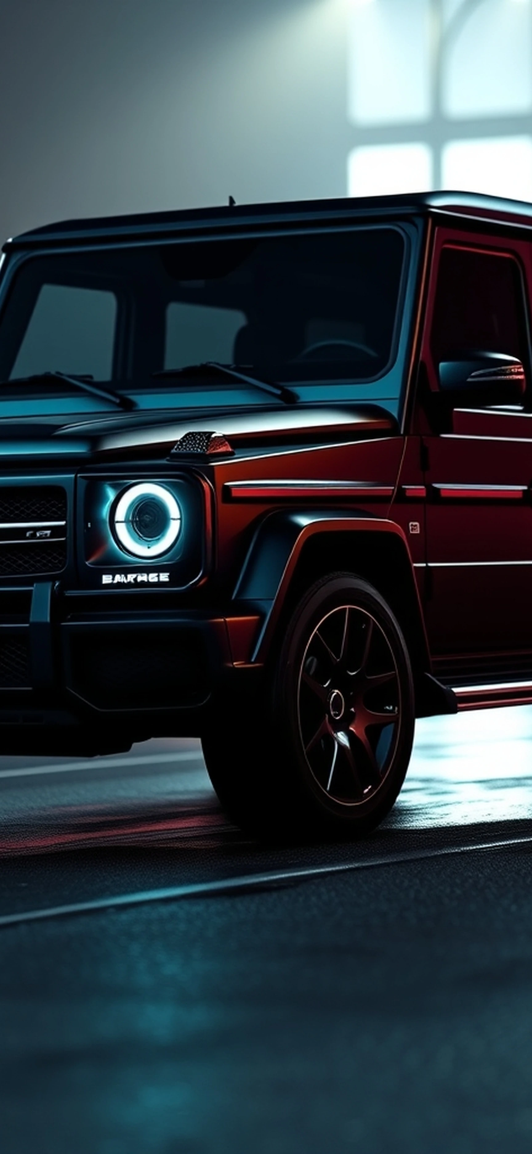 Black Mercedes G-Wagon, Matte Finish, Glowing Headlights, Shiny Black Rims, Urban Night, Neon ...