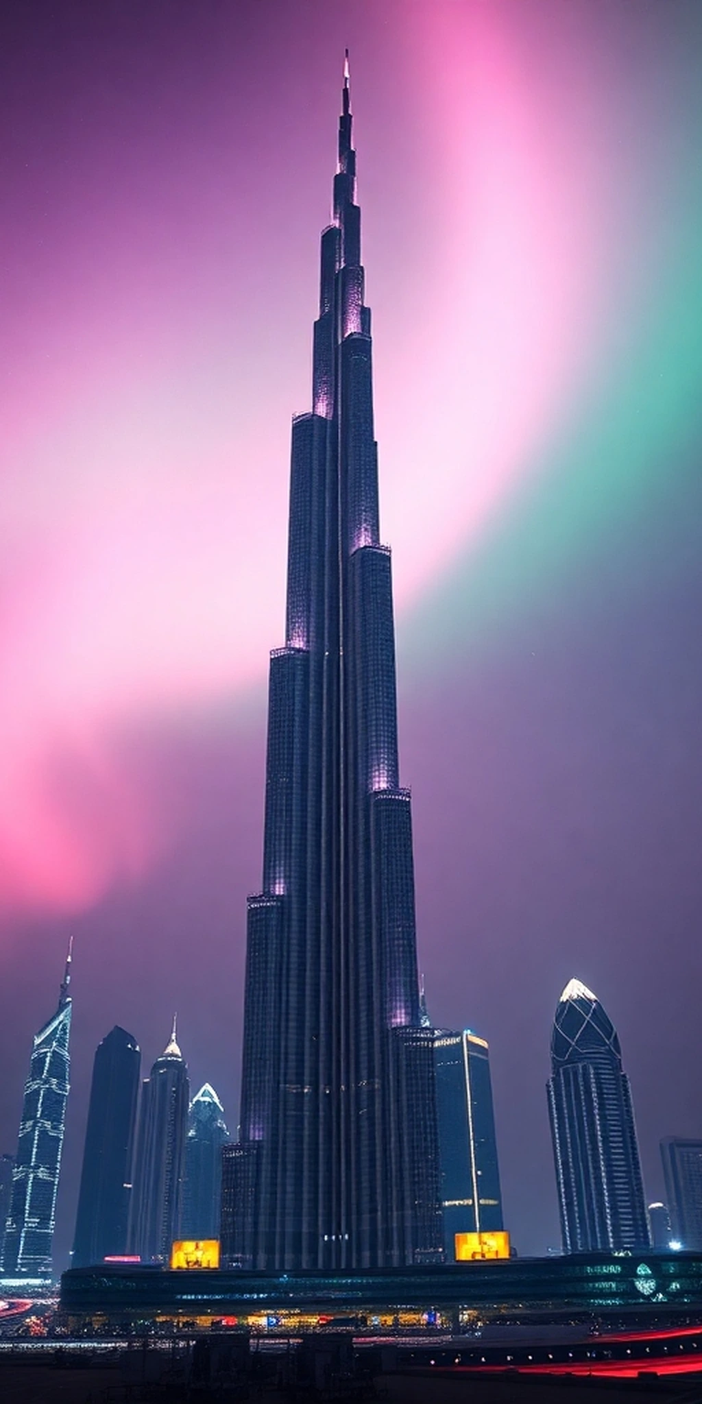 Burj Khalifa Dubai Pink Green Aurora Borealis Dark Mode — Free iPhone ...