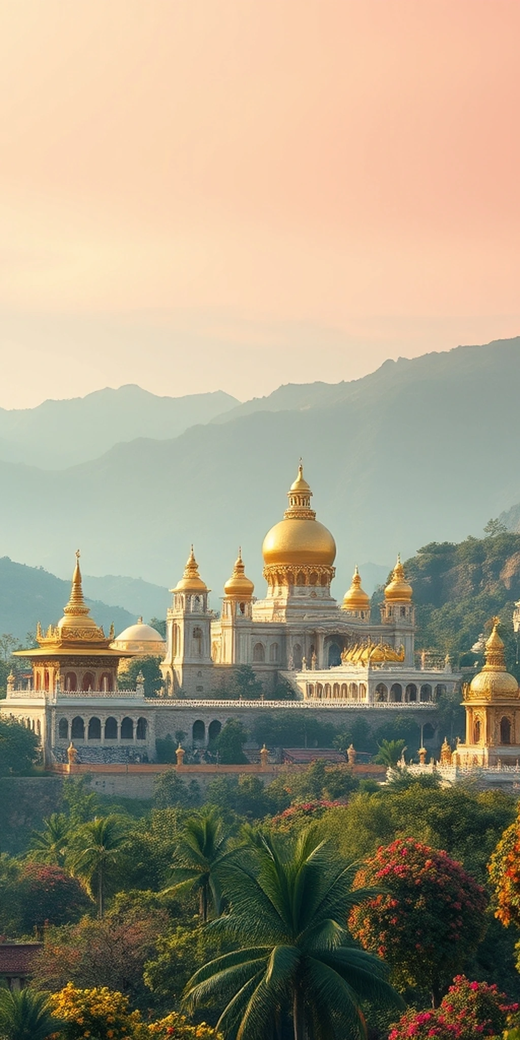 A Scene Of A Paradise With Golden Palaces And Colorful Natural Beauty ...