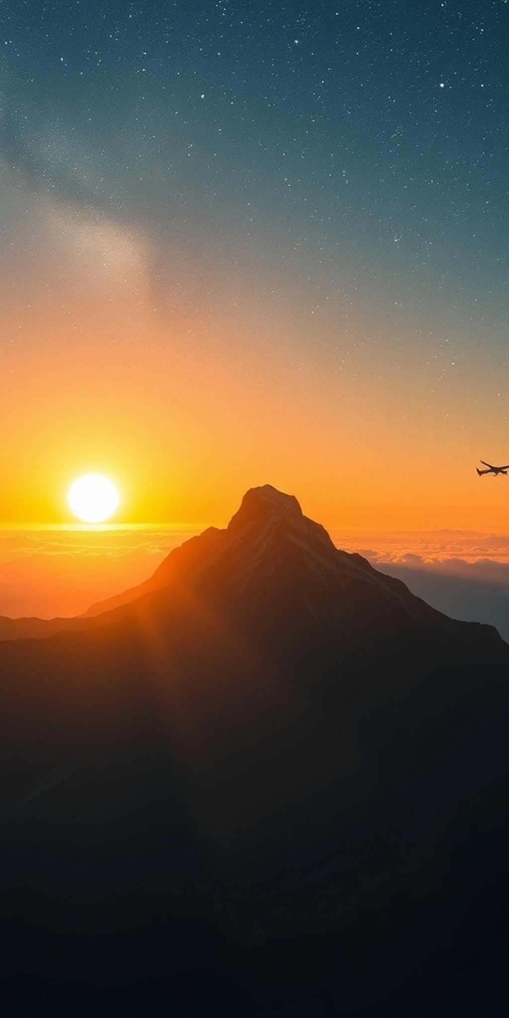 Depth Effect Mountain Sunset Stars Plane — Download Free iPhone Wallpapers