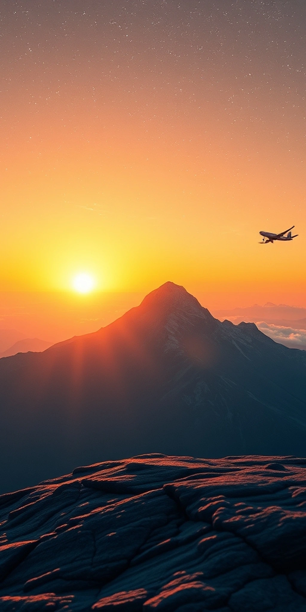 Depth Effect Mountain Sunset Stars Plane — Free iPhone Wallpaper (4K/HD ...