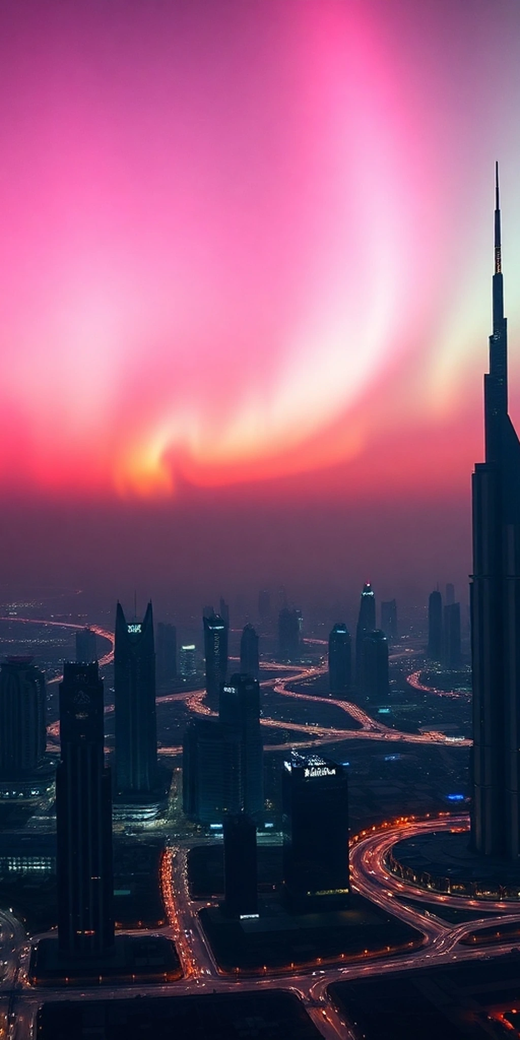 Dubai Skyline Pink Green Aurora Borealis Dark Mode — Free iPhone ...