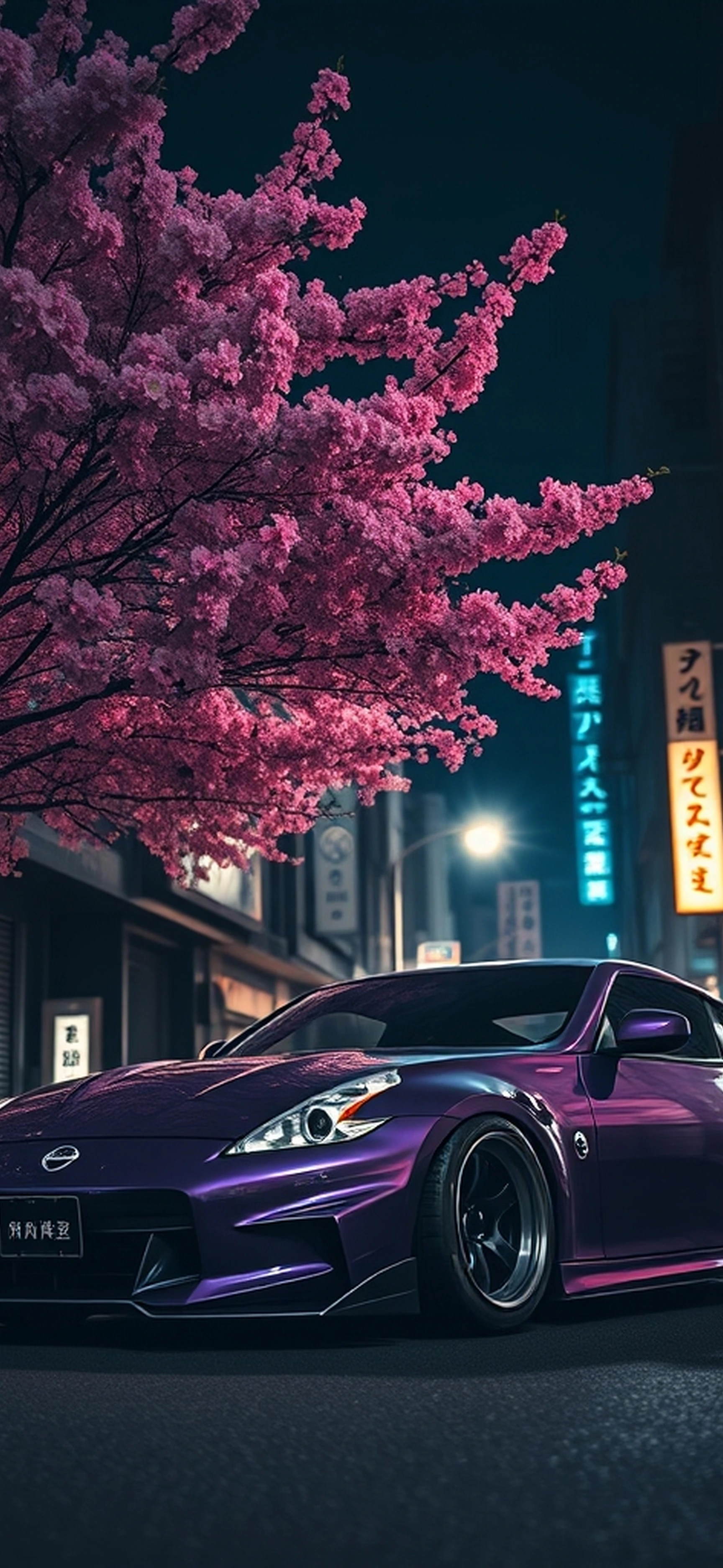 A Night In Japan Scenery With A Pink Sakura Tree Flowers Blooming And ...