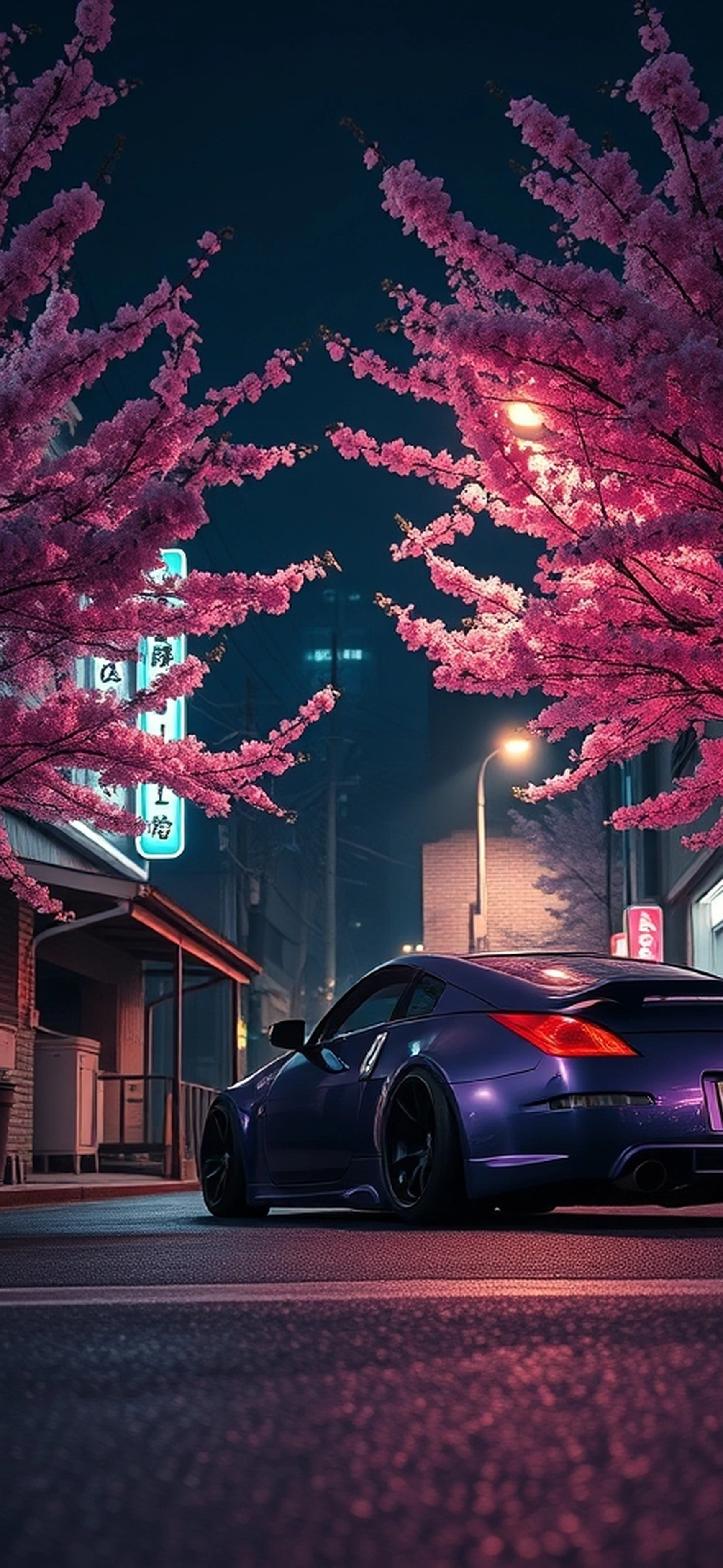 A Night Japan Scenery With A Pink Sakura Tree And Buildings With Neon ...