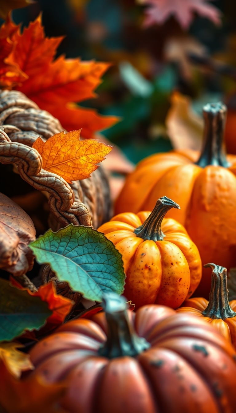 Thanksgiving With Cornucopia Pumpkins And Other Gourds Autumn Leaves ...