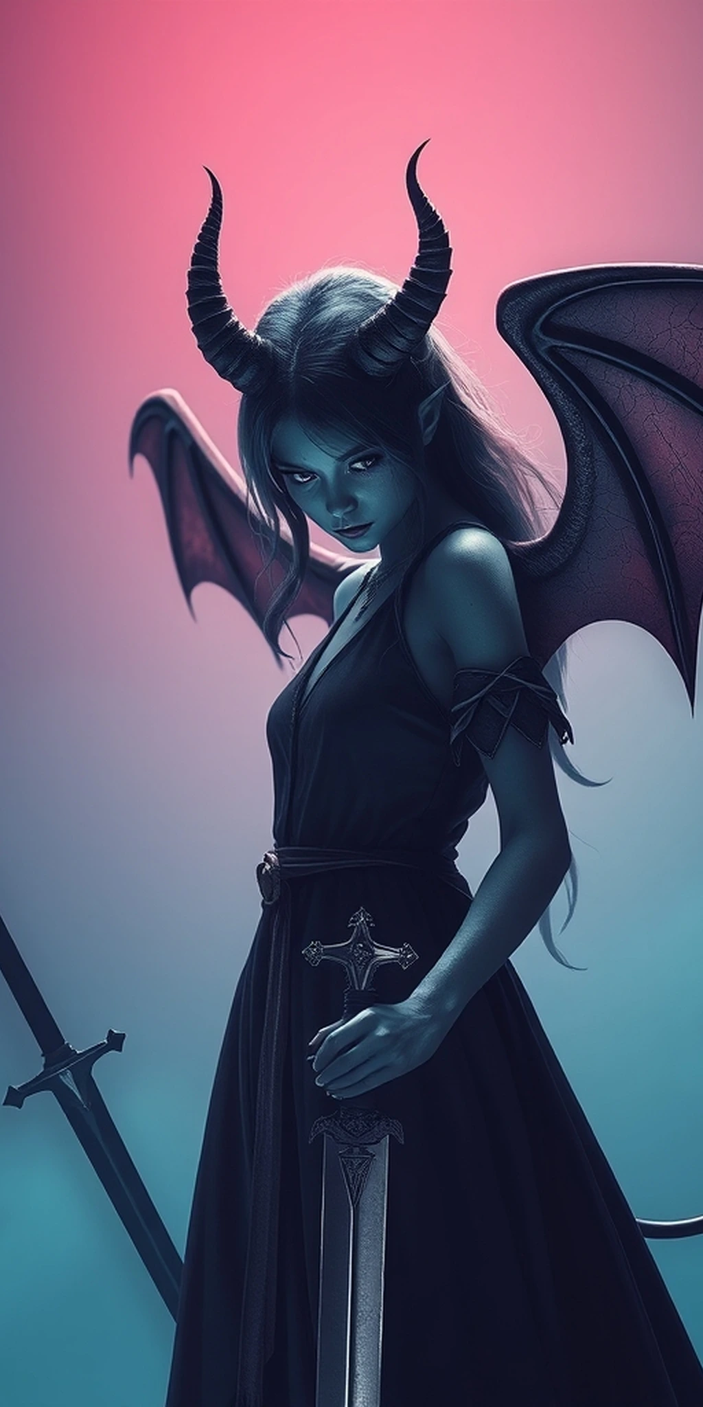 It's A Demon Girl With Wings. She Stands With Her Sword Lowered, Her ...