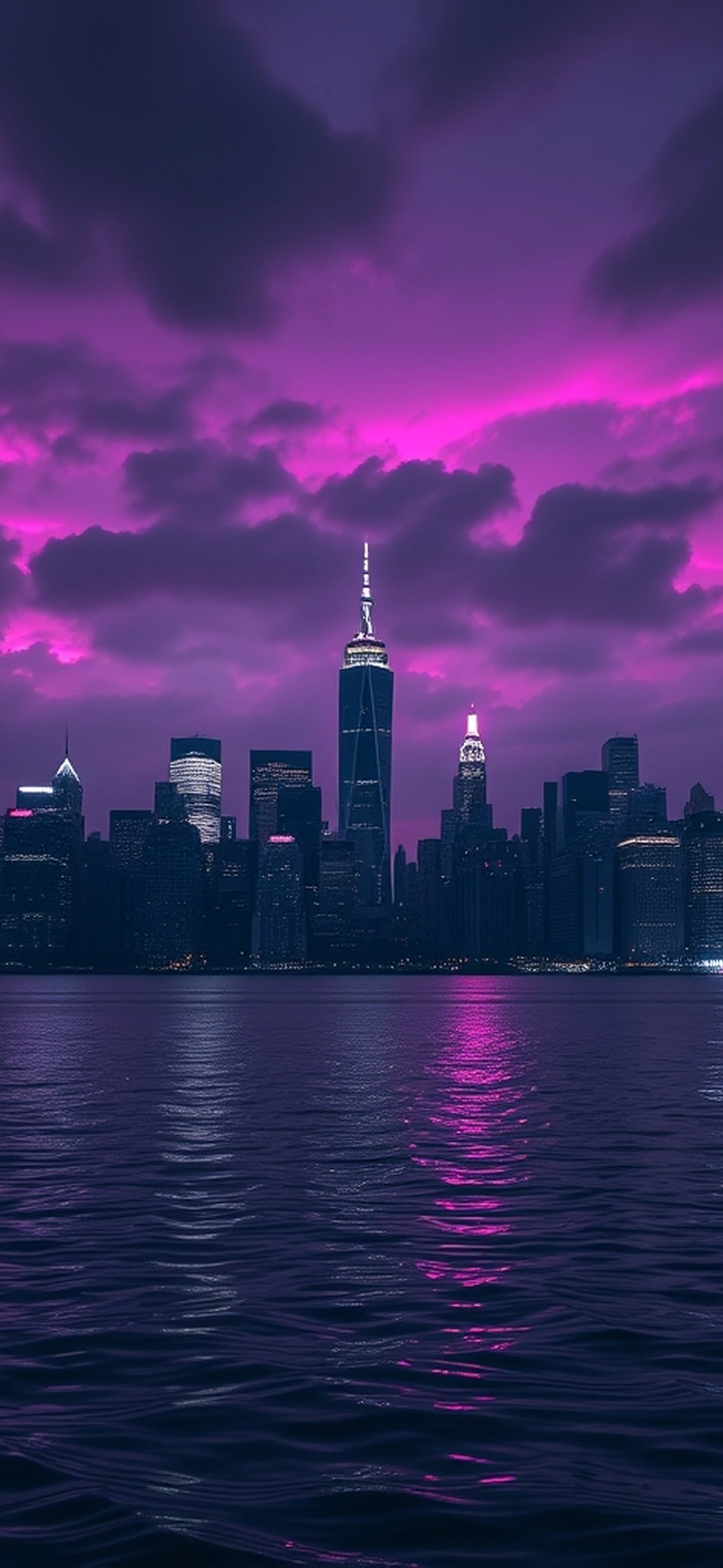 New York City At Night With Purple And Pink Glowing Sky And Reflections ...