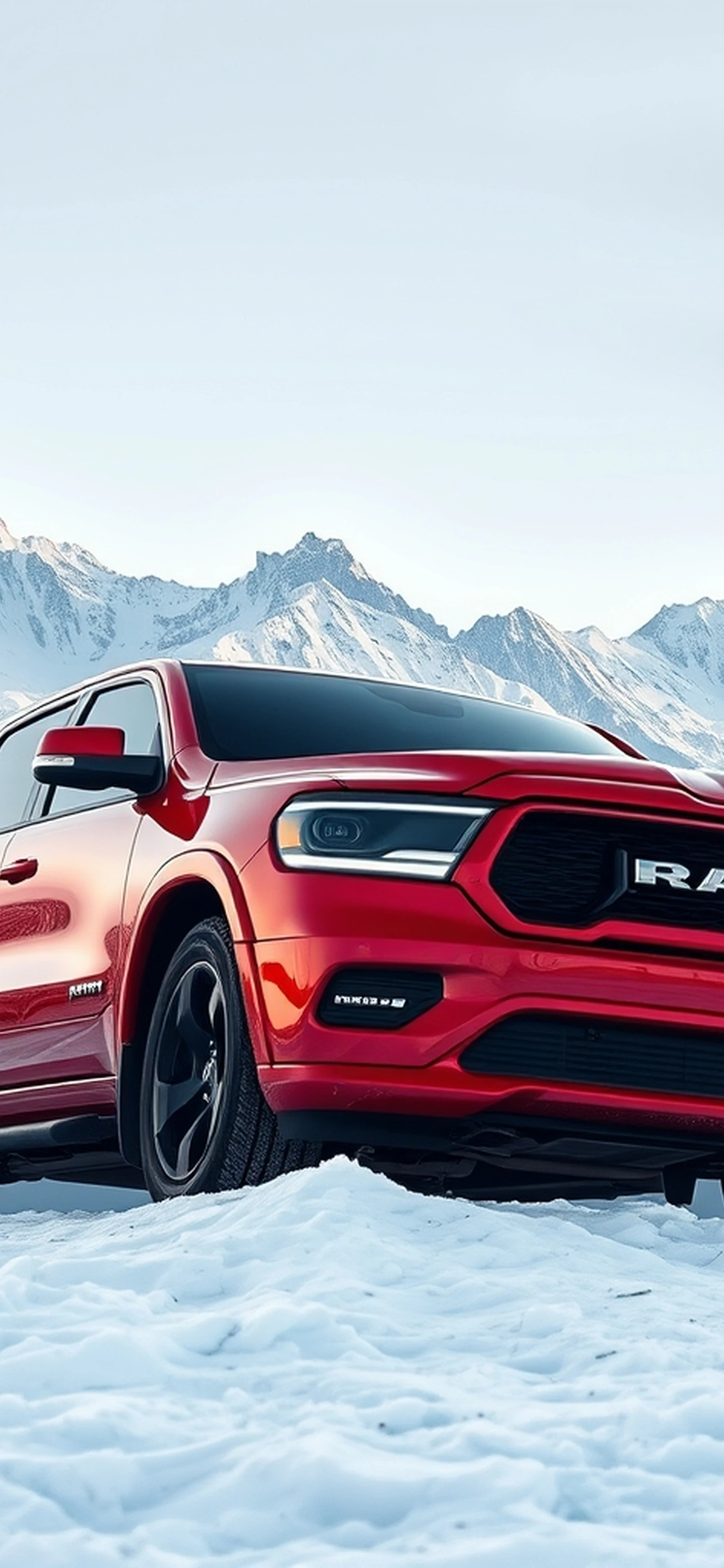 Ram Car On Mountain In Red Colour With Cool Pose With Snowy Mountains ...