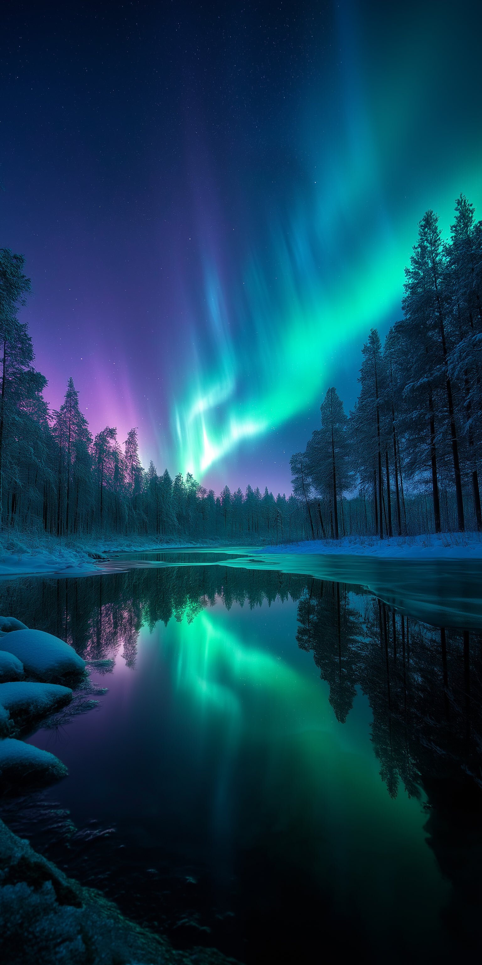 Turquoise And Pink Aurora Borealis In A Snow Covered Forest Top ...
