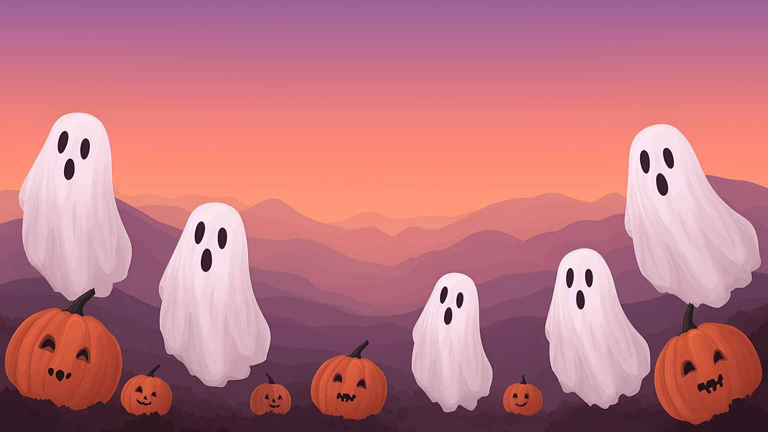 Halloween Landscape With Cute Ghosts And Pumpkins Desktop Wallpaper ...