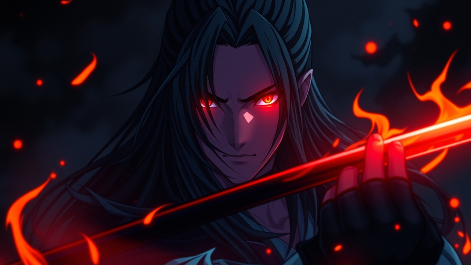 Anime Dark Character With One Samurai With Long Black Haired Glowing ...