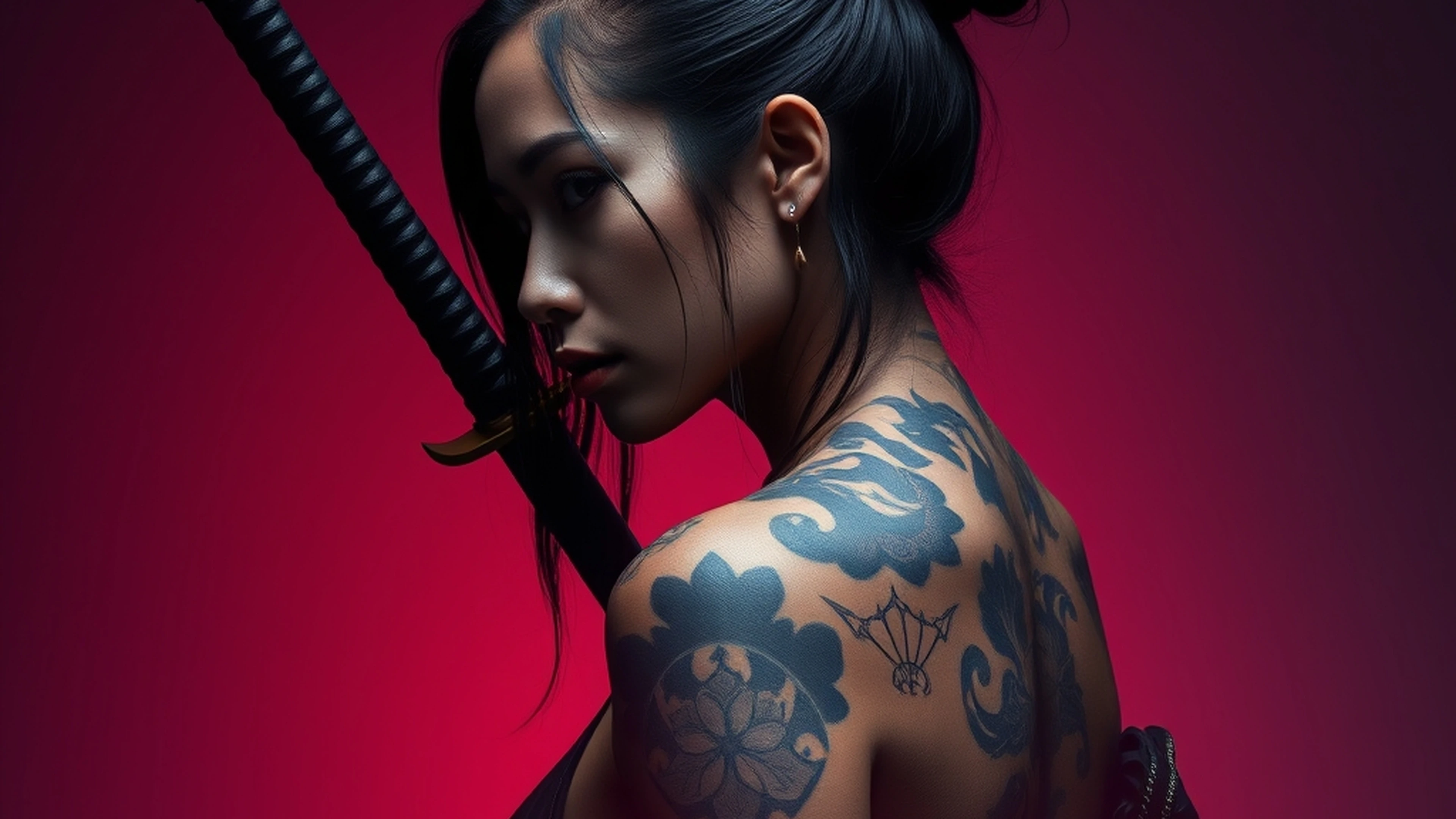 Dark Wallpaper Samurai Women With Tattoos And A Khatana Sword — Free ...