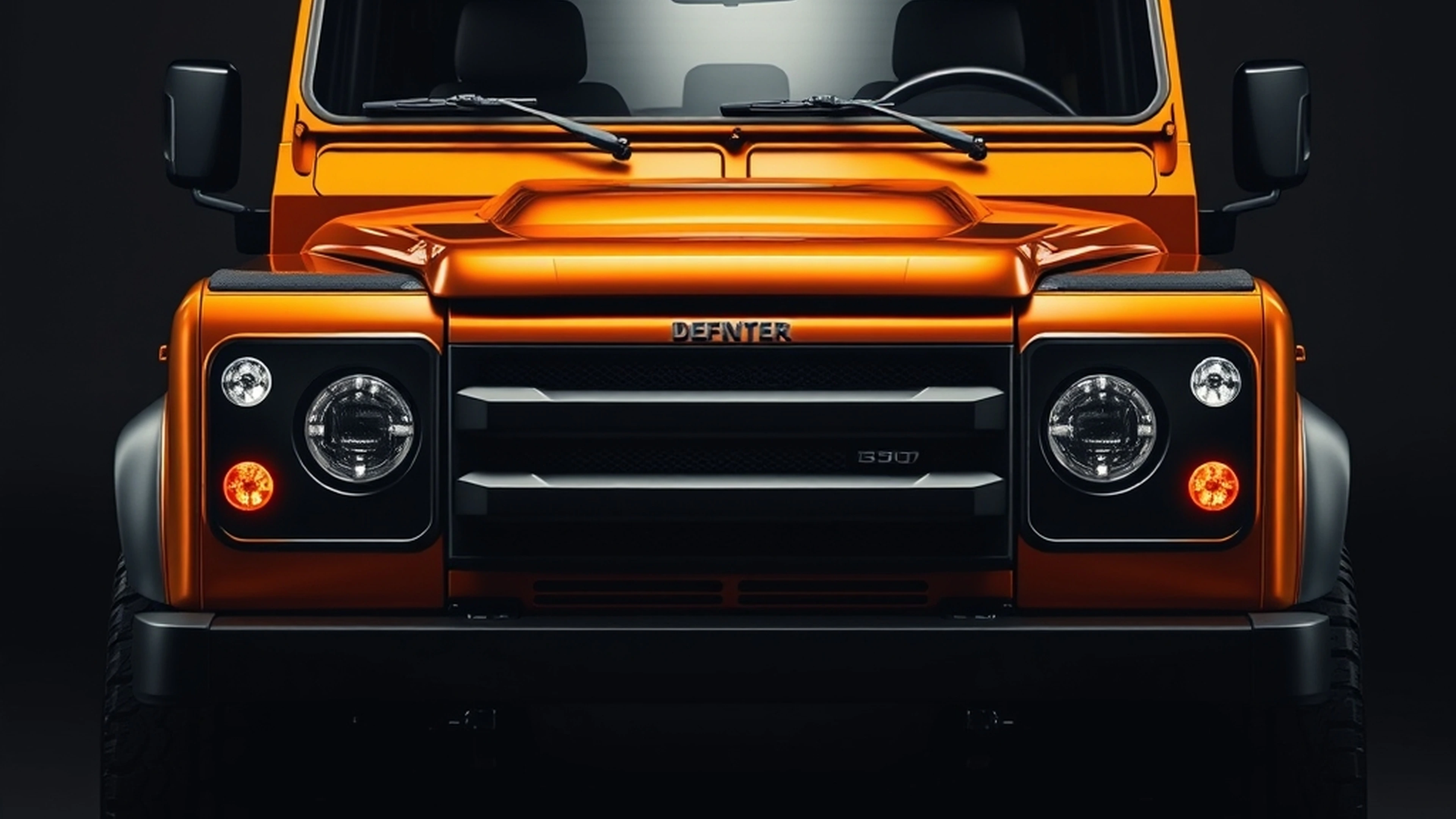 Defender 130 Octa Car With Black With Its Headlines On In A Dark Place ...