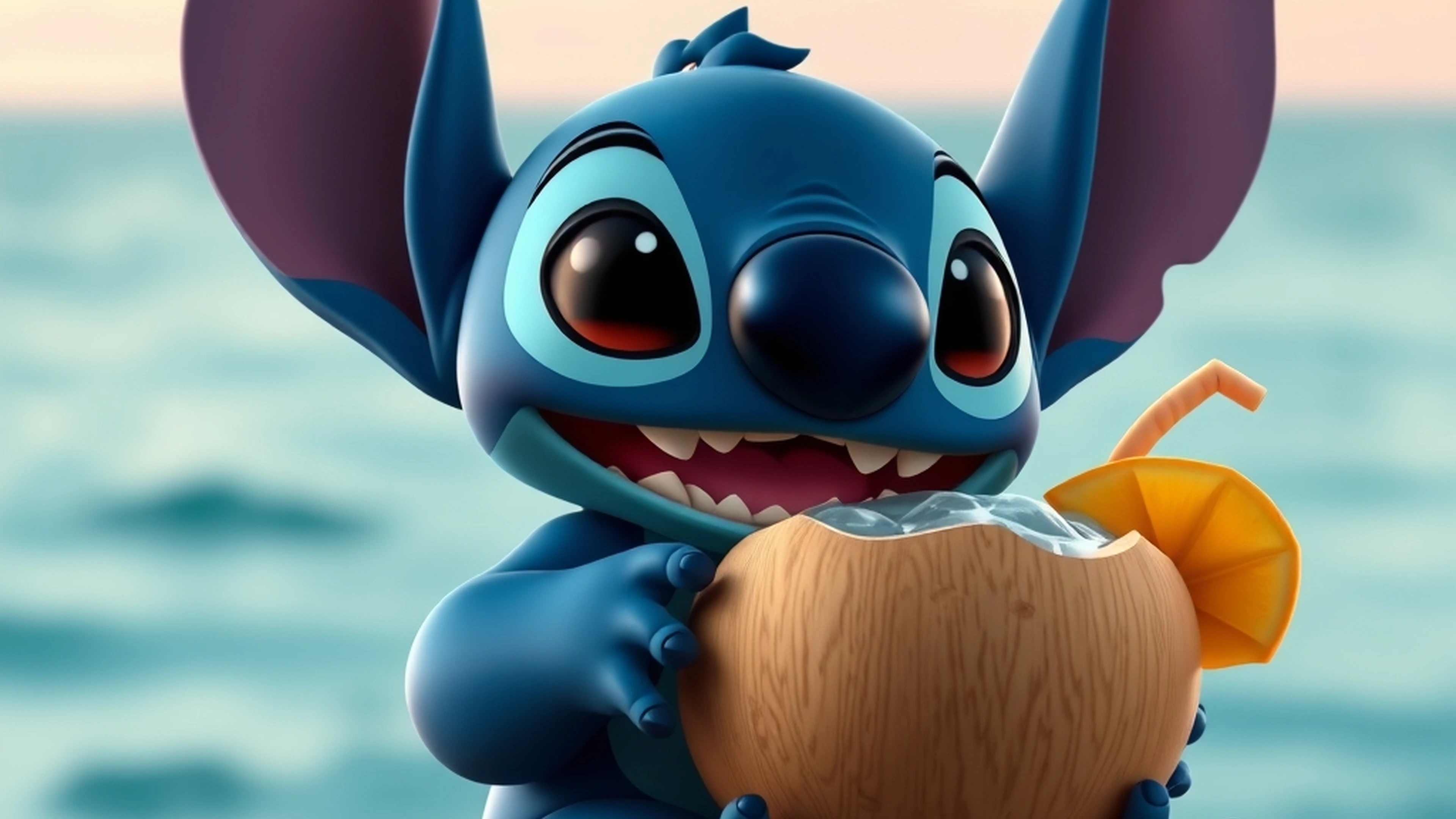 Stitch From The Disney Cartoon Stitch Relaxing By The Sea Holding A Coconut Cocktail Movie ...