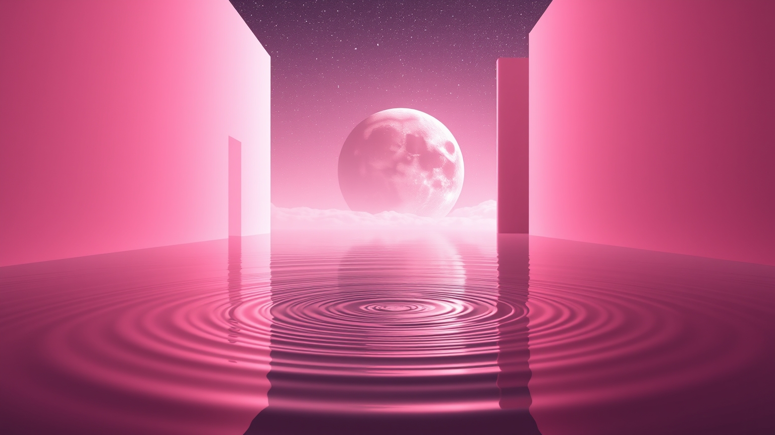 Pink Liminal Space, Incorporating Modern Architecture, A Moon And Water ...