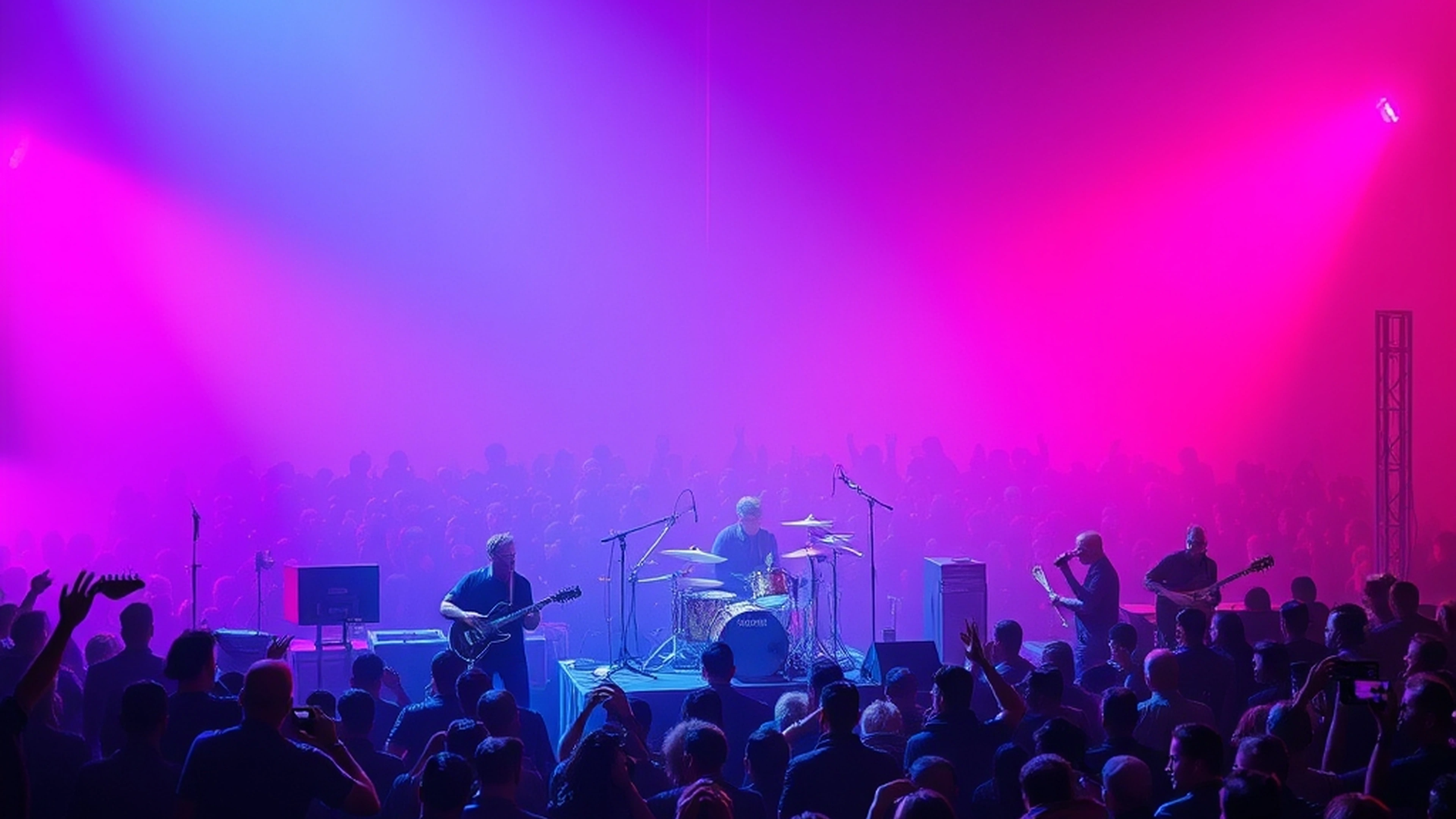 Rock Music Bands Concert On Outdoor Festival Setting Big Crowd Electric Guitars And Drumsets ...