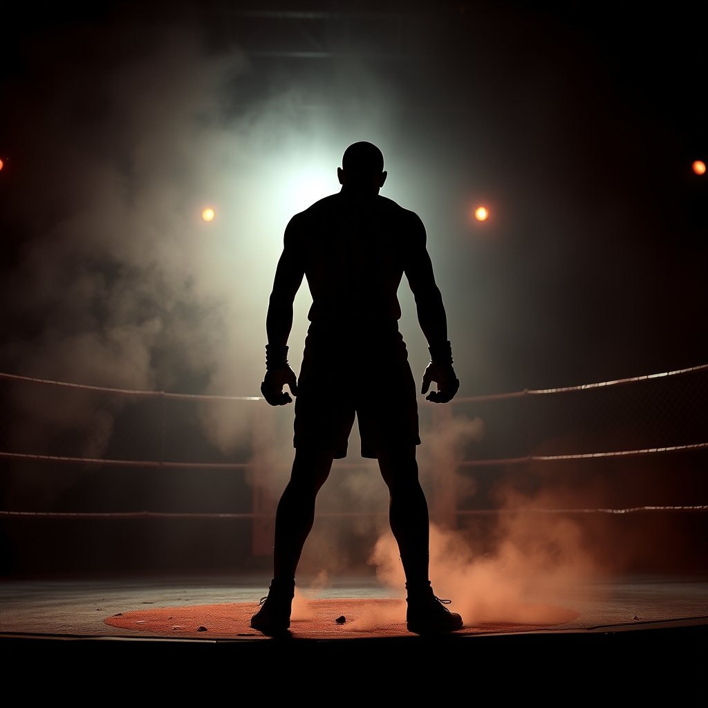 MMA Fighter Silhouette Standing Inside An Octagon, Strong Backlight ...
